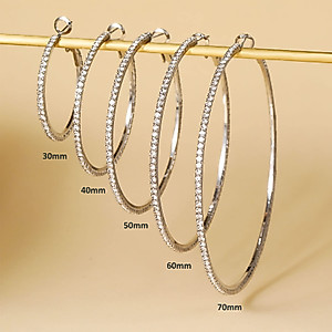 Large Rhinestone Hoop Earrings 925 Sterling Silver Post Cubic Zirconia Hoop Earrings Thin Rhinestones Round Hoop Earrings for Women Silver Hoop Earrings Sparkly Hoop Earrings with Crystals for Womens