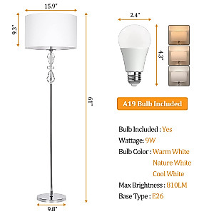 Dott Arts Floor Lamp for Living Room, Modern Standing Lamp with Dimmer, Crystal Reading Floor Lamp Silver Corner Light for Bedroom, Bright 8W Bulb Included