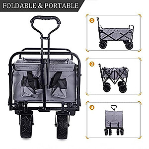All Terrain Folding Beach Wagon with Canopy,Heavy Duty Collapsible Utility Wagon Transport Trolley,Outdoor Garden Wagon Portable Shopping Cart