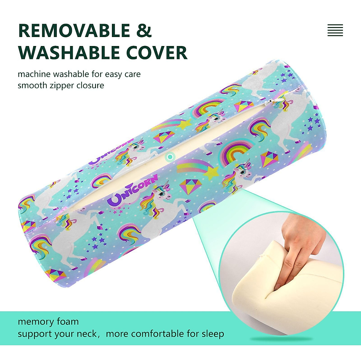innewgogo Rainbow Unicorn Hearts Stars Cervical Neck Roll Pillow for Pain Relief Memory Foam Neck Pillow with Removable Washable Cover Wedge Pillow for Plane Car Couch Sleeping Travel Office Bed