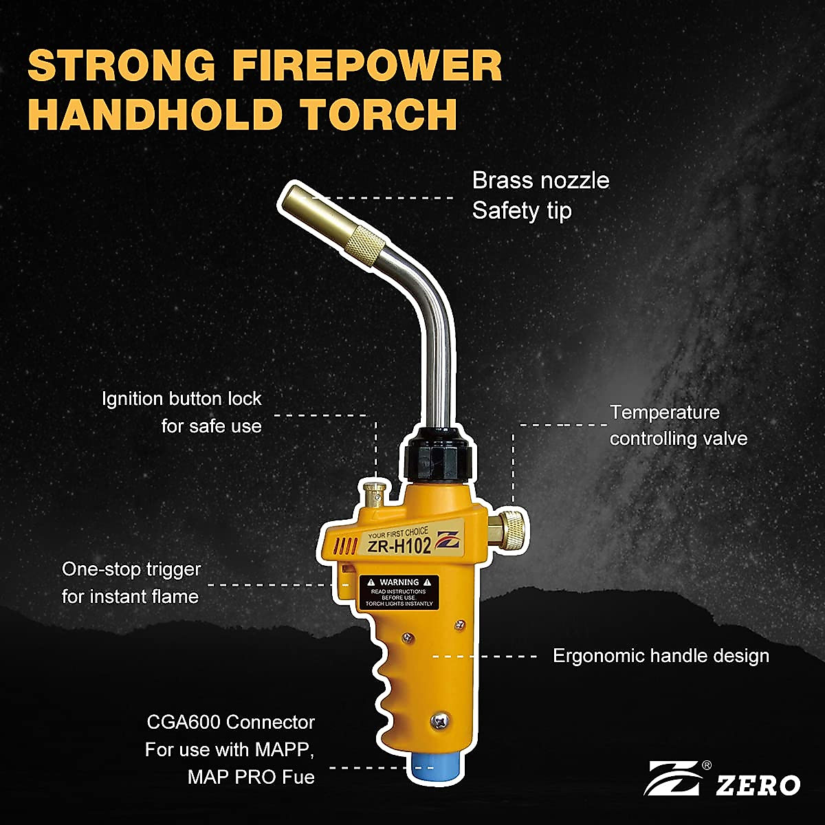 Zero ZR-H102 Trigger Start Propane Torch Head High Intensity Adjustable Flame Anti Scald Design Portable Nozzle,Compatible With Mapp,Propane,Map Pro Fuel