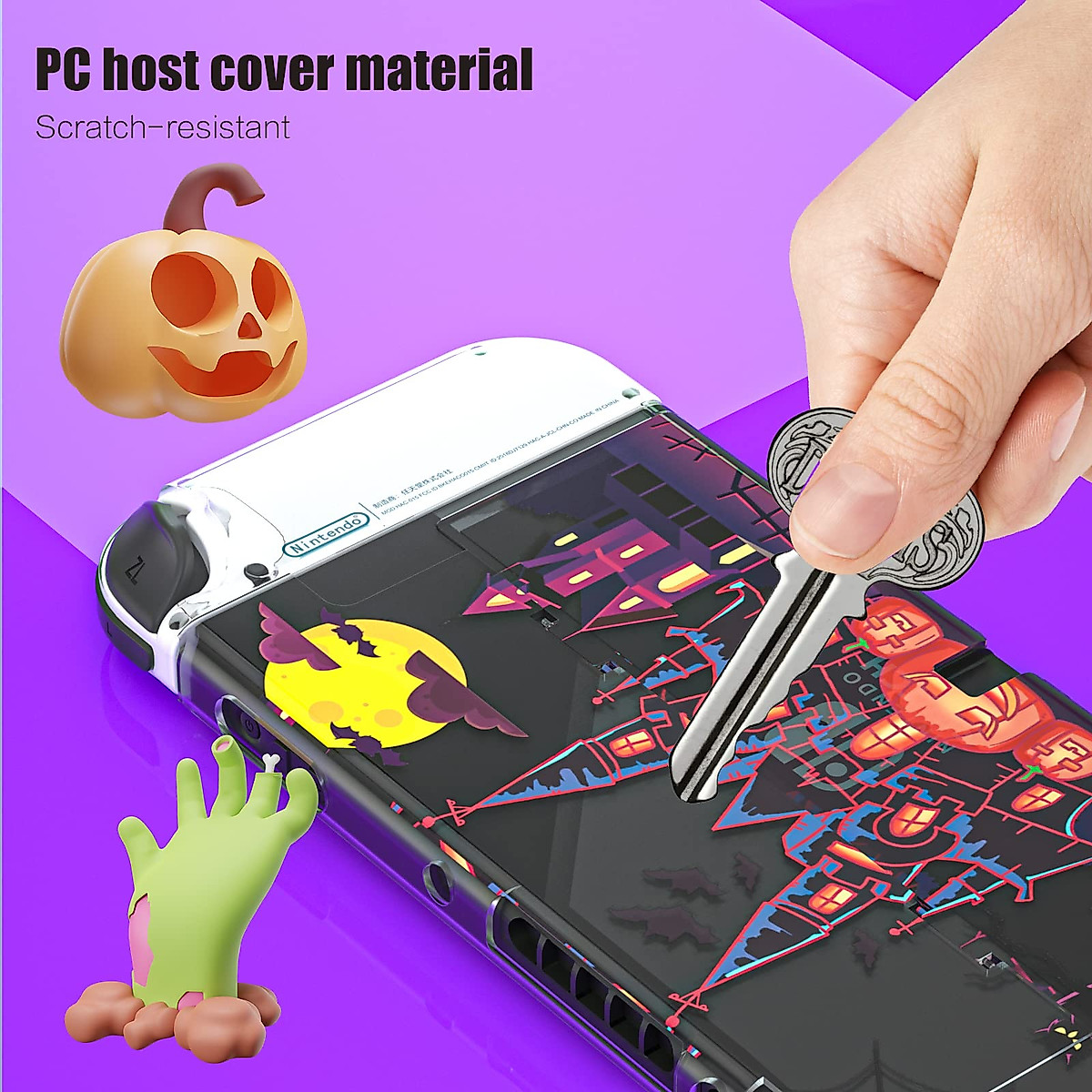 Halloween Decoration Switch OLED Case, Switch OLED Protective Case with TPU Joycon Covers and Glass Screen Protector and Thumb Grip Caps