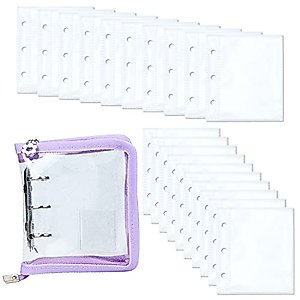 MultiBey Transparent Mini Binder 3 Ring, Glitter PVC Zipper Binder 3.7'' x 5.2'' for Cards Photos with 20 Card Slots (Purple)