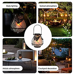 Atmosphere Making Outdoor Solar Hanging Lanterns Waterproof Metal Outside Decor Light Dynamic Simulation Flame Lamp for Lawn Patio Garden Yard Pathway with Butterfly
