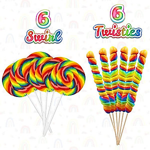 12 Jumbo Rainbow Swirl Lollipops Bundle, 6 Giant 4 Inch Swirl Suckers & 6 Twisty Pops 12 inch Height,Individually Wrapped Multi-Flavored Candy, Great for Summer At The Beach