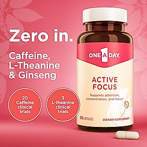 One-A-Day Brain Supplement – Brain Supplements for Memory and Focus Support, Concentration and Focus Support, Focus Supplement for Adults with L-theanine, Caffeine and Ginseng, 30 Capsules