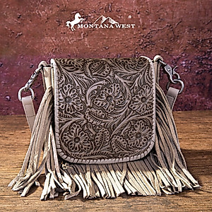 Montana West Women's Floral Tooled Leather Fringe Crossbody Handbag