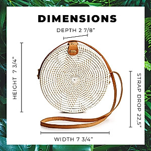 Novum Crafts Round Rattan Bag for Women - Handmade Rattan Straw Bags - Wicker Purse - Boho Bag - White Round Rattan Crossbody Beach Bags