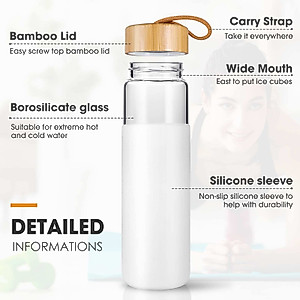 Yomious 20oz Bundle with 25oz Glass Water Bottle with Bamboo Lid and Silicone Sleeve – Reusable BPA Free – Glass Drinking Bottle with Lids