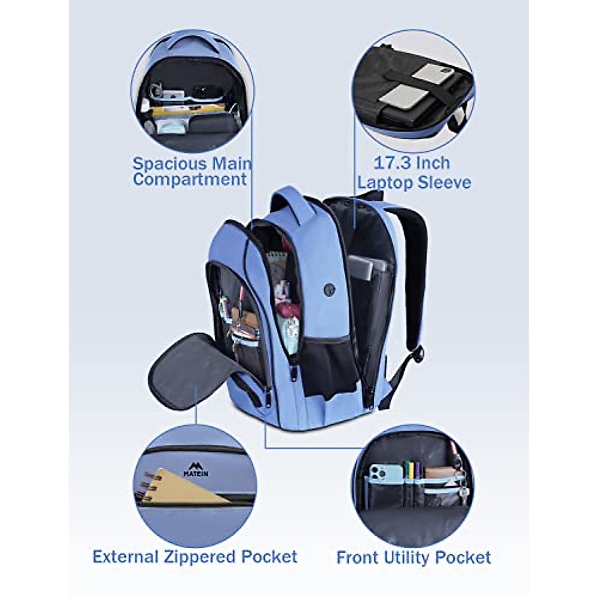 MATEIN Large Laptop Backpack, Water Resistant 17 Inch Travel Laptop Backpack with Waterproof Wet & Dry Pocket, College Lightweight Daypack Durable Anti Theft Computer Bag for Men & Women, Blue