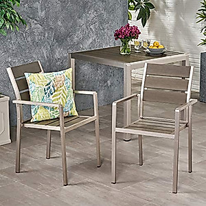 Belle Outdoor Modern Aluminum Dining Chair with Faux Wood Seat (Set of 2), Gray and Silver