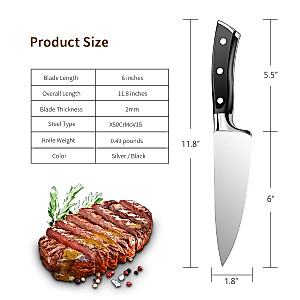 Chef Knife - 6-inch Professional Kitchen Knife German High Carbon Stainless Steel Chef's Knives with Ergonomic Handle and Gift Box
