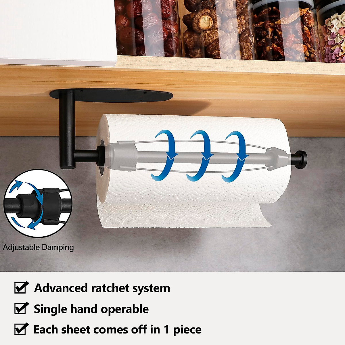 Single Hand Operable Paper Towel Holder Under Cabinet with Damping Effect, Self Adhesive Paper Towel Roll Holder Wall Mount for Kitchen Bathroom, SUS304 Stainless Steel, Black