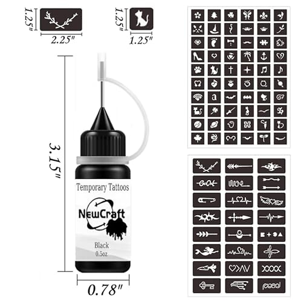 Brown Temporary Tattoo Kit, 4 Bottles Temporary Tattoo Ink with 84 Adhesive Tattoo Stencils, Body Tattoo Markers DIY Tattoos Temp for Men Women