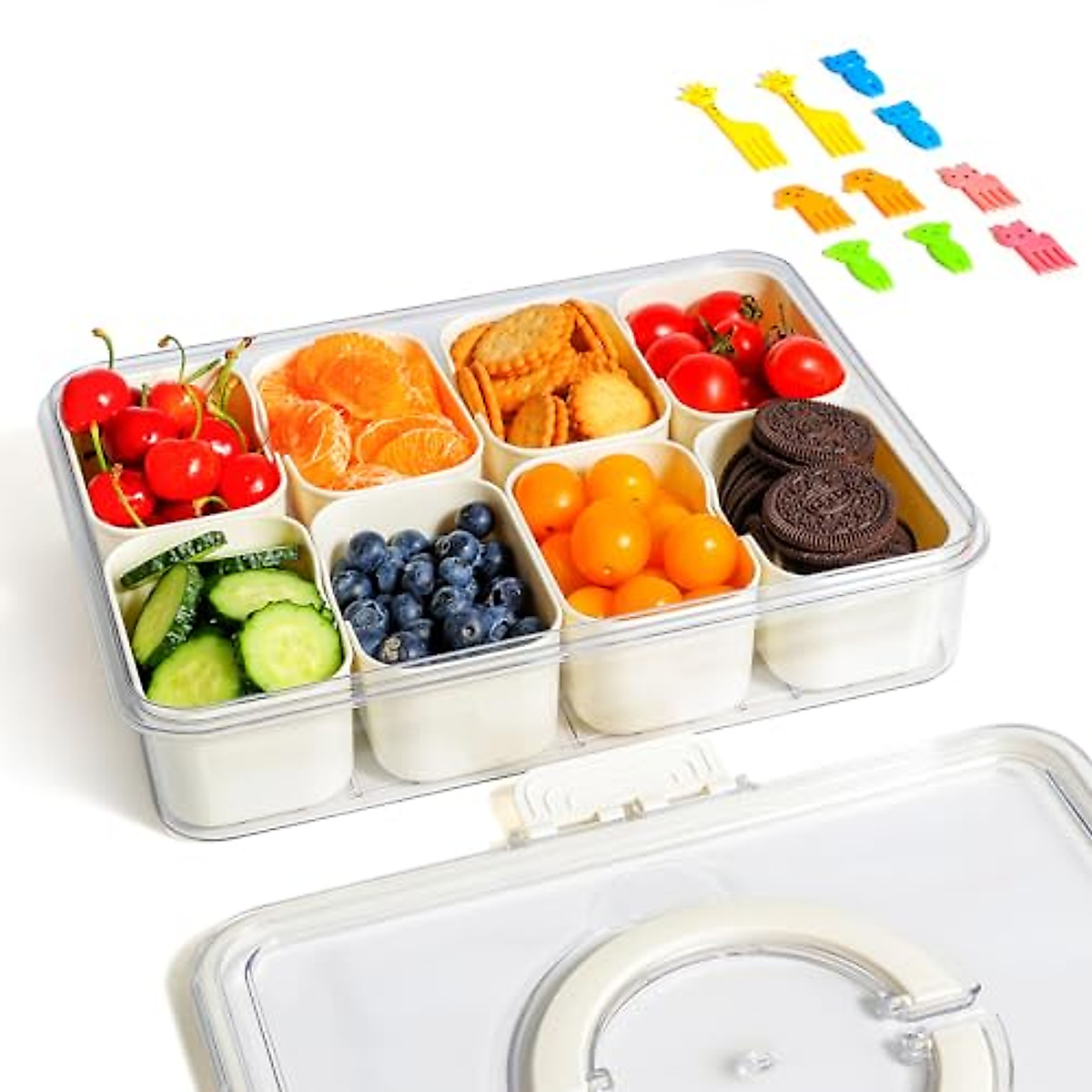 Divided Serving Tray with Lid 10 Forks 8 Compartment Snack Container Snackle Box Containers,Organizer Portable Handle for Parties, Fruits, Nuts, Outdoor Picnics (Style 1 with Animal Forks)