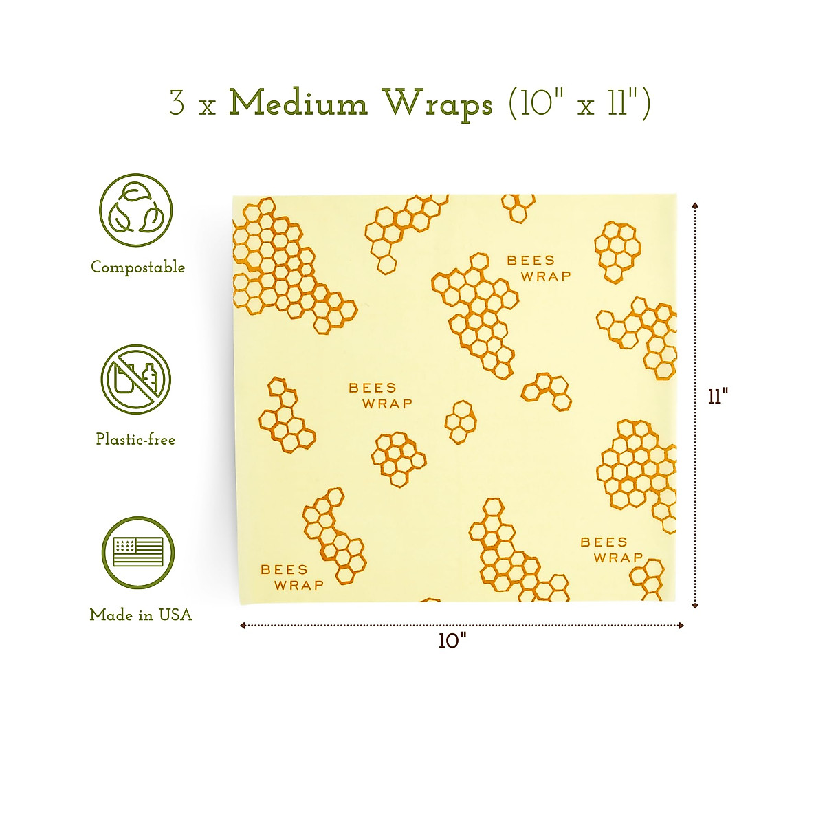 Bee's Wrap - Medium 3 Pack - Made in The USA with Certified Organic Cotton - Plastic and Silicone Free - Reusable Eco-Friendly Beeswax Food Wraps - Medium (10" x 11")