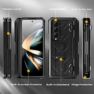 Maxdara Galaxy Z Fold 4 Case - S Pen Holder, Kickstand, Hinge Protection & Built-in Screen Protector (Black)