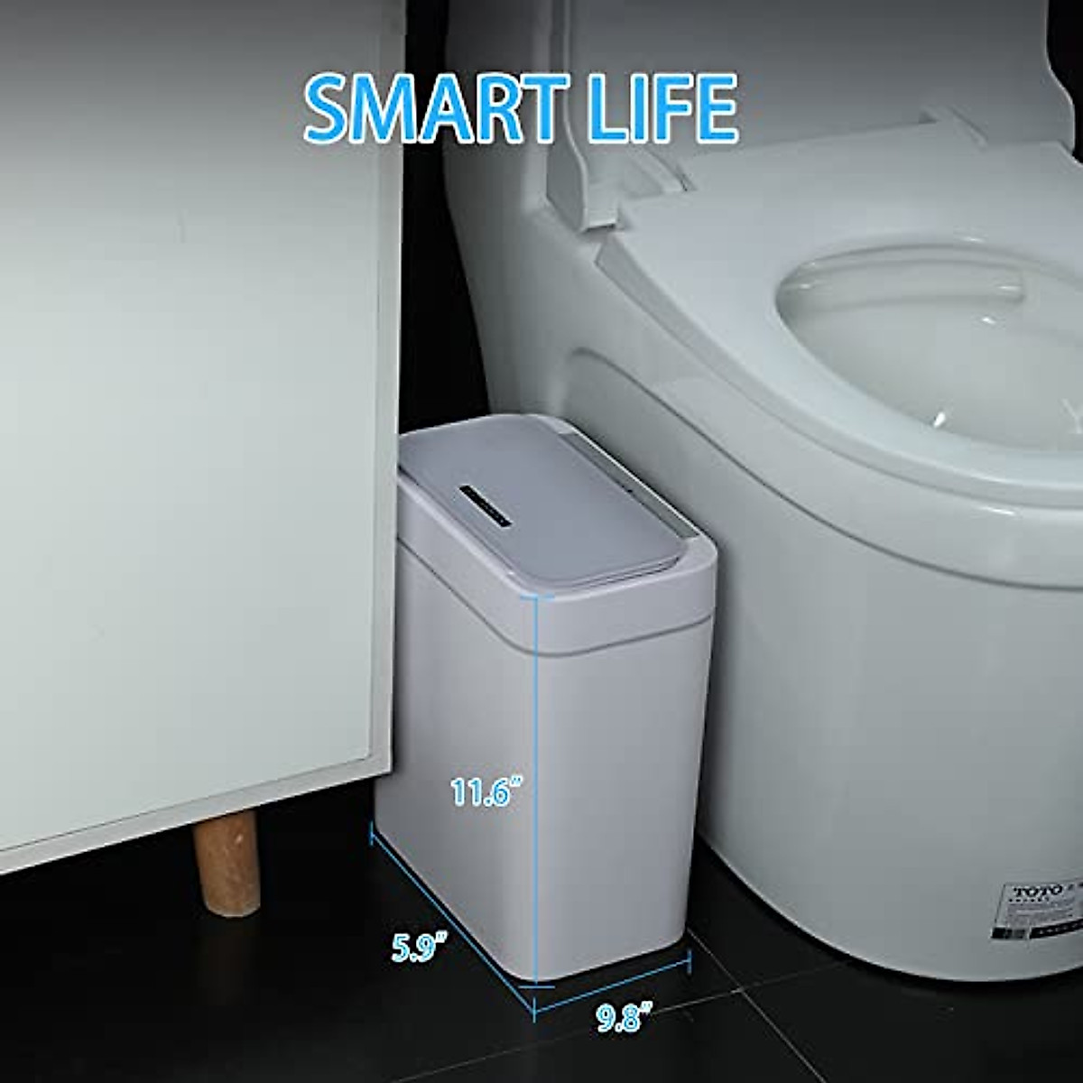 BURLAND 2.1 Gallon Automatic Bathroom Trash Can with Lid, Smart Bathroom Home Electric Trash Cans with Gray Lid, Slim Plastic Narrow Garbage Can, Gray Lid