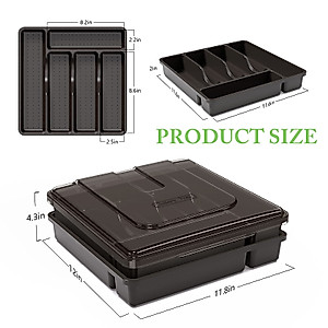 SUICGYU Silverware Organizer with Lid for Drawer, Plastic Utensil Holder for Countertop, Flatware Organizer Cutlery Tray with Cover 5 Compartments (2 Layer-Black)