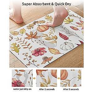 Pumpkin Leaves Bath Mat for Tub,Non Slip Bathroom Floor Runner Rug Quick Dry & Absorbent Diatomaceous Earth Shower Sink Kitchen Living Room Washable Doormat,Retro Fall Wildflower Plant Leaves 16"x24"