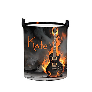 Personalized Laundry Basket Burning Guitar Custom Laundry Hamper Collapsible Clothe Storage Baskets with Knitting Handle