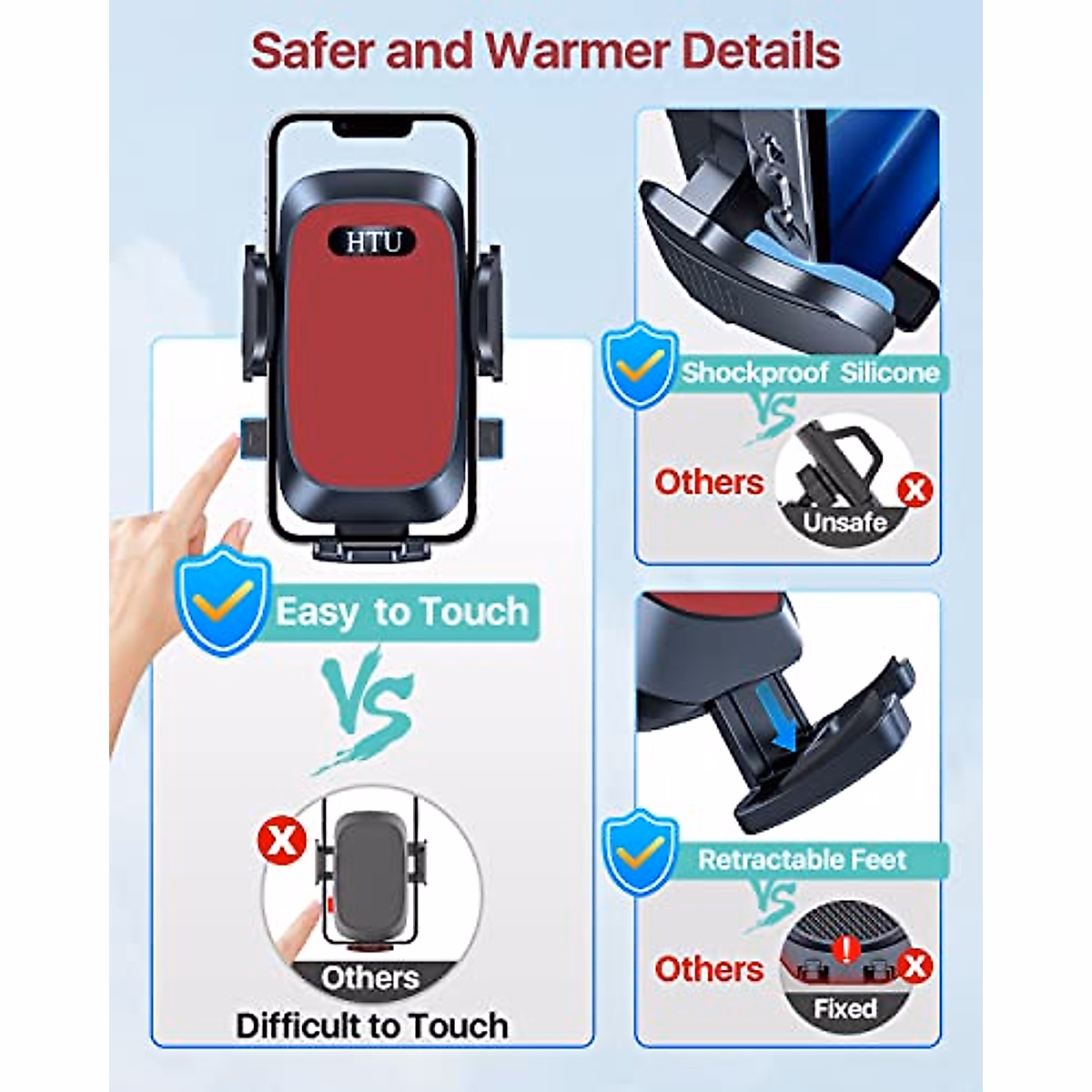 HTU Car Phone Holder Mount [Patent & Safety Certs] [Military Steel Clip & Super Suction Cup] Universal 3 in 1 Cell Phone Holder for Car Dashboard Windshield Vent Car Mount for iPhone Samsung Google