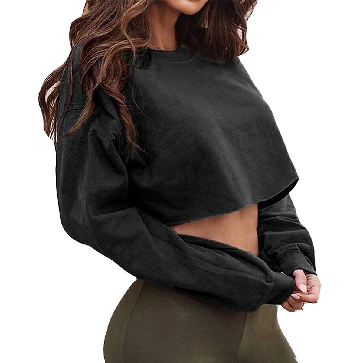 Artfish Women's Crewneck Long Sleeve Workout Casual Cropped Teen Loose Sweatshirts Black S