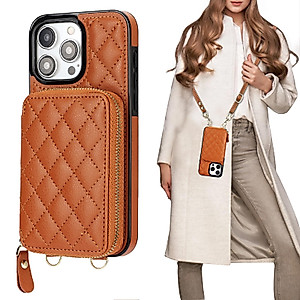 Bocasal Crossbody Wallet Case for iPhone 15 Pro Max, RFID Blocking PU Leather Zipper Handbag Purse Flip Cover, Kickstand Folio Case with Card Slots Holder Wrist Strap Lanyard 5G 6.7 Inch (Brown)