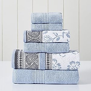 Modern Threads 6 Piece Set, 2 Bath Towels, 2 Hand Towels, 2 Washcloths Yarn Dyed Jacquard/Solid Towel Set Ophelia Blue