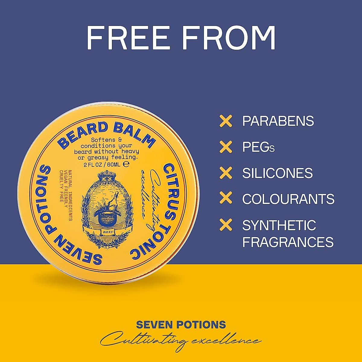 SEVEN POTIONS Beard Balm for Men — Conditioning Beard Softener to Nourish Skin, Facial Hair, and Stop Beard Itch — All-Natural, Vegan, Cruelty Free — Citrus Tonic (2 FL OZ)