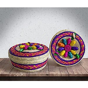 2-Pack Genuine Mexican Handwoven Tortilla Basket, Fiesta Mexican Tortilla Warmer, Tortilla Holder, Tortillero, Palm Straw Baskets Handmade in Mexico, Mexican Bowls (1, Floresita)