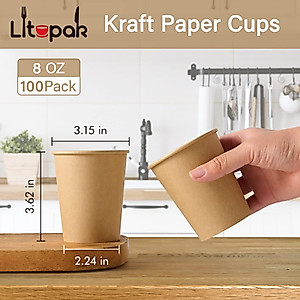 LITOPAK 100 Pack 8 oz Kraft Paper Coffee Cups for Water, Juice, and Tea, Disposable Hot Coffee Cups for Home, Restaurant, Store, and Cafe