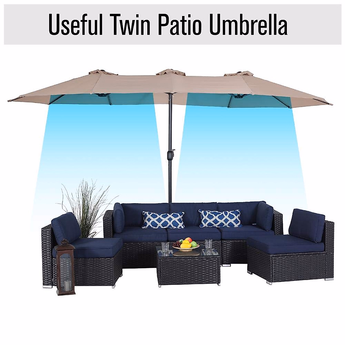 PHI VILLA 15ft Large Patio Umbrella Double-Sided Outdoor Market Pool Umbrellas with Crank, Umbrella Base (Stand) Included(Beige)