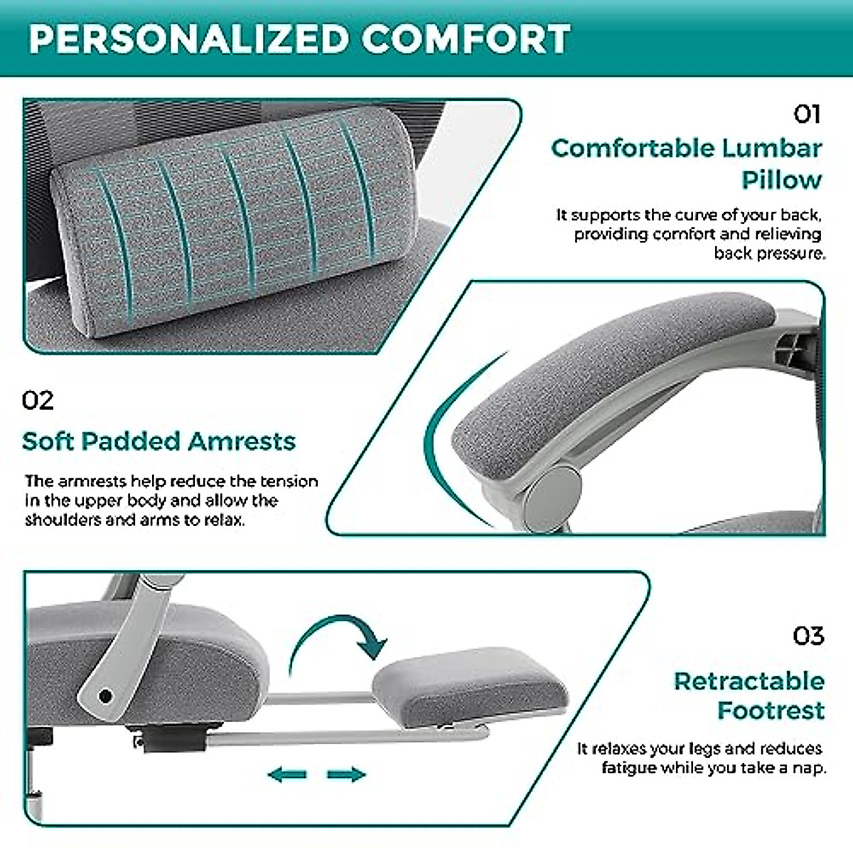 OLIXIS Gaming Ergonomic Foot Rest Reclining, High Back Mesh Home Office Computer Desk Chair with Wheels, Adjustable Headrest, Grey