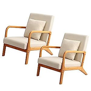 ELUCHANG Mid-Century Modern Chair,Accent Chair with Lumbar Pillow,Upholstered Armchair,Linen Fabric Comfy Reading Chair, Lounge Side Chair for Living Room Bedroom Apartment,Easy Assembly(Beige,2pcs)