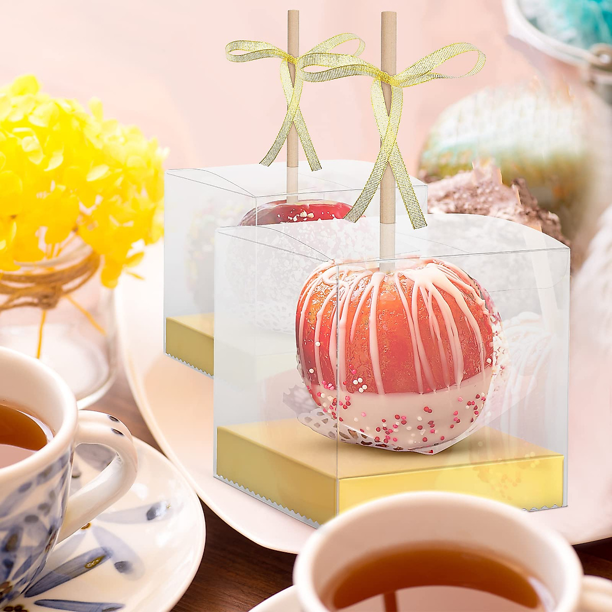 50 Sets 4 x 4 x 4 Inches Clear Candy Apple Boxes with Hole, Base, Sticks and Ribbons Transparent Candy Apple Boxes PET Caramel Apple Box Plastic Gift Boxes for Chocolate Apples Party Supplies (Gold)