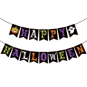 OHOME Halloween Decorations - Happy Halloween Banner | Halloween Party Decorations for Indoor Outdoor - Halloween Backdrop Garland for Outside | Hanging Halloween Party Favors Supplies for Birthday,Trunk or Treat Decorations