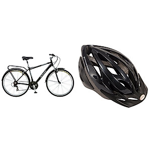 Schwinn Discover Men's Hybrid Bike (700C Wheels), Black with Schwinn Thrasher Adult Micro Bicycle black/grey Helmet Adult