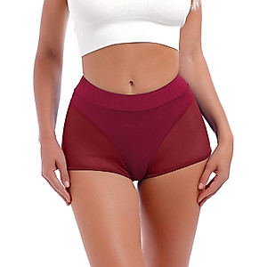Women High Waist Mesh Tulle Activewear Yoga Dance Shorts Belly Bottoms Rave Booty Shorts Mini Hot Pants Stage Nightclub Clubwear Wine Red XX-Large