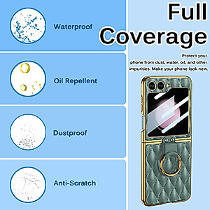 Miimall Leather Case with Metal Ring Holder Stand Compatible with Galaxy Z Flip 5, Built-in Screen Protector, Leather Cover with Electroplating Frame Ultra-Thin Case Cover for Z Flip 5 (Deep Green)