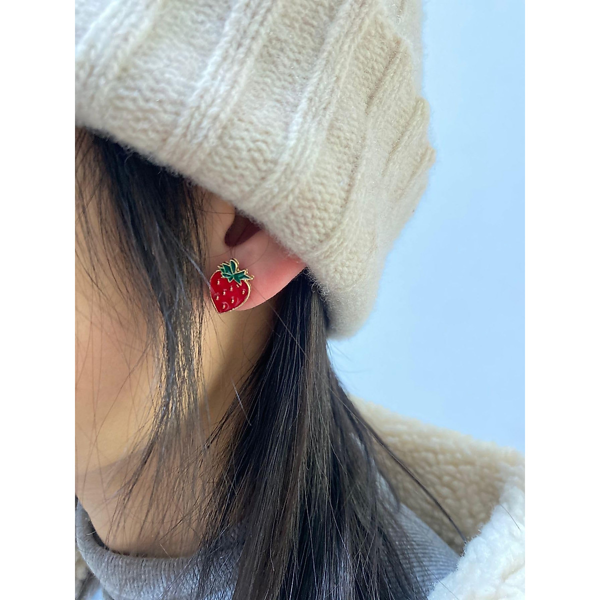 VEINTI+1 New Summer Cut Fruit Earrings Strawberry Jewelry Creative Funny Lifelike Fruits Red Earrings Ear Studs for Women(Strawberry)