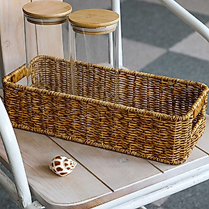 Angoily Small Woven Basket for Storage Natural Wicker Basket for Organizing, Wicker Storage Basket with Handle for Pantry, Bedroom, Living, Shelves (13.95X6.09X3.54in)