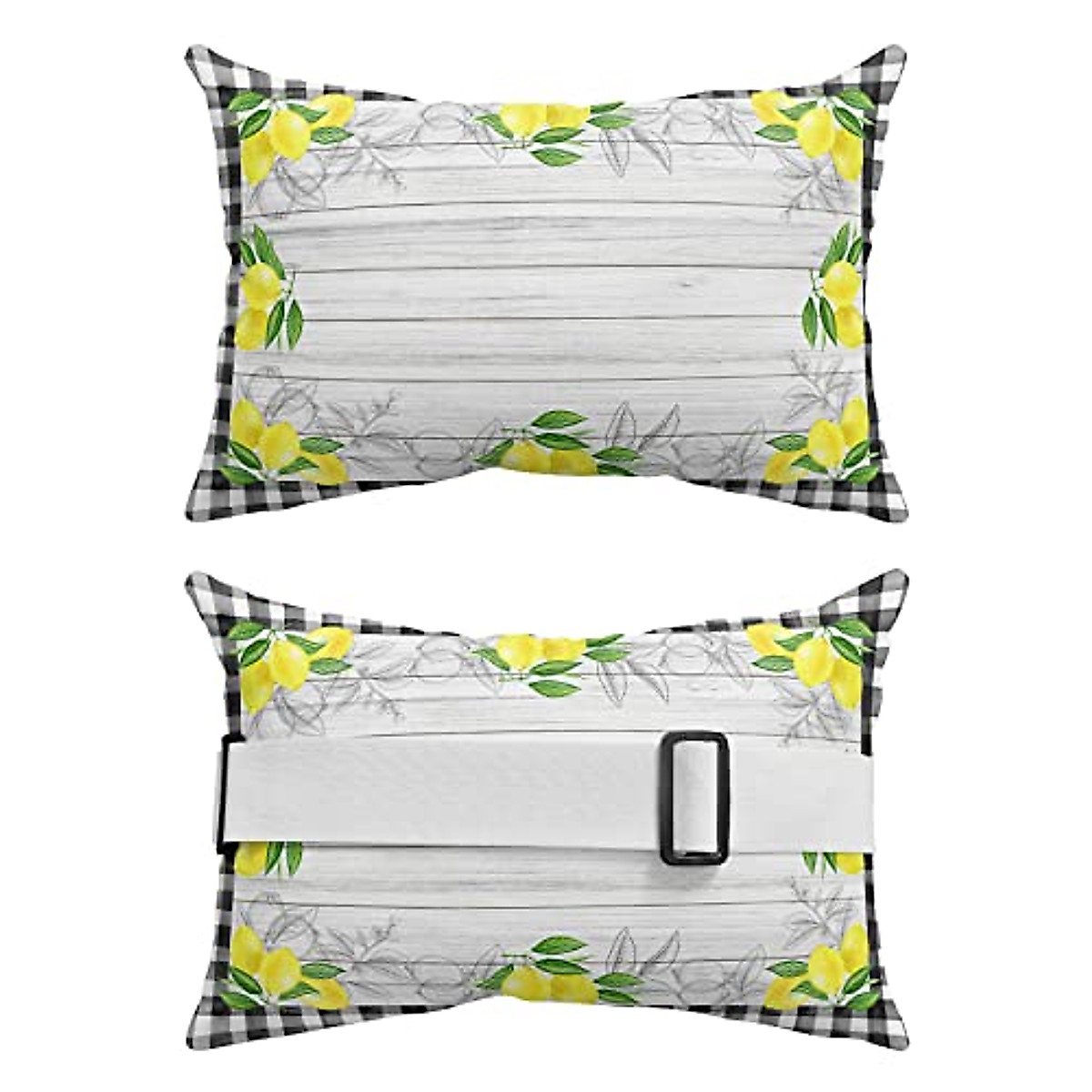 Recliner Head Pillow Ledge Loungers Chair Pillows with Insert Summer Lemon Black White Buffalo Plaid Retro Wood Grain Lumbar Pillow with Adjustable Strap Patio Garden Cushion for Bench Couch, 2 PCS