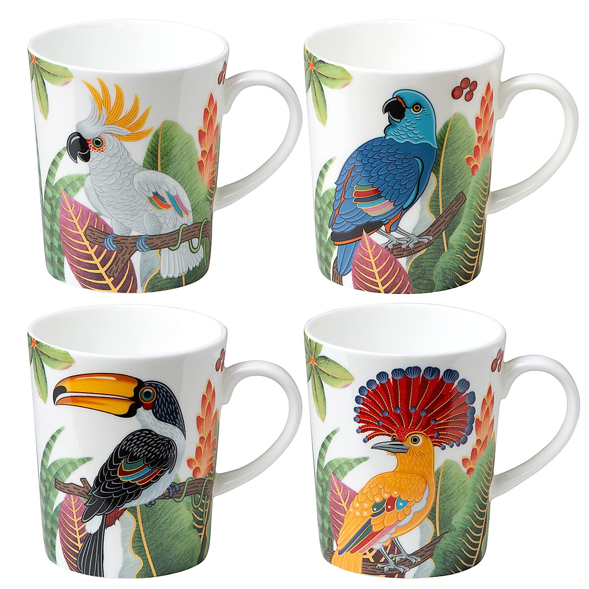Grace Teaware Bone China Coffee Tea Mugs 12-Ounce, Assorted Set of 4 (Birds of Paradise)