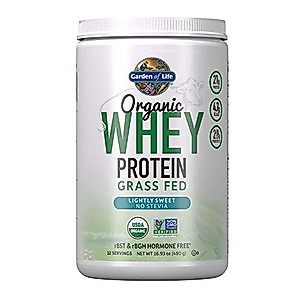 Garden of Life Whey Protein Powder Unflavored - 21g Certified Organic Grass Fed Protein for Women & Men + Probiotics, 12 Servings - Stevia Free, Gluten Free, Lightly Sweet from Organic Cane Sugar
