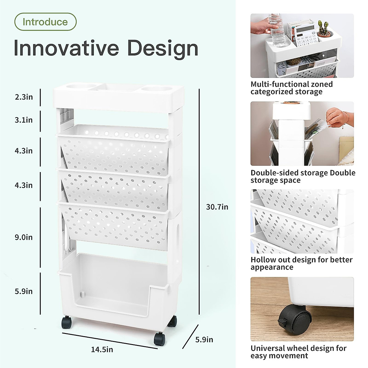 5-Tier Plastic Mobile Bookshelf with Wheels, Desk Organizer Document Folder File Storage with Pen Holder,Rolling Book Cart Movable Bookshelf for Office, Dorm, Classroom,Library, Living Room (White)