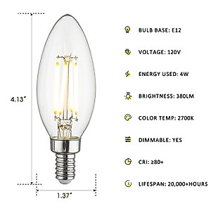zeyu 6 Pack E12 Dimmable LED Bulb, 4W Edison Light Bulb 25 Watt Equivalent, 2700K Warm White with Clear Glass, C35-LED-4W