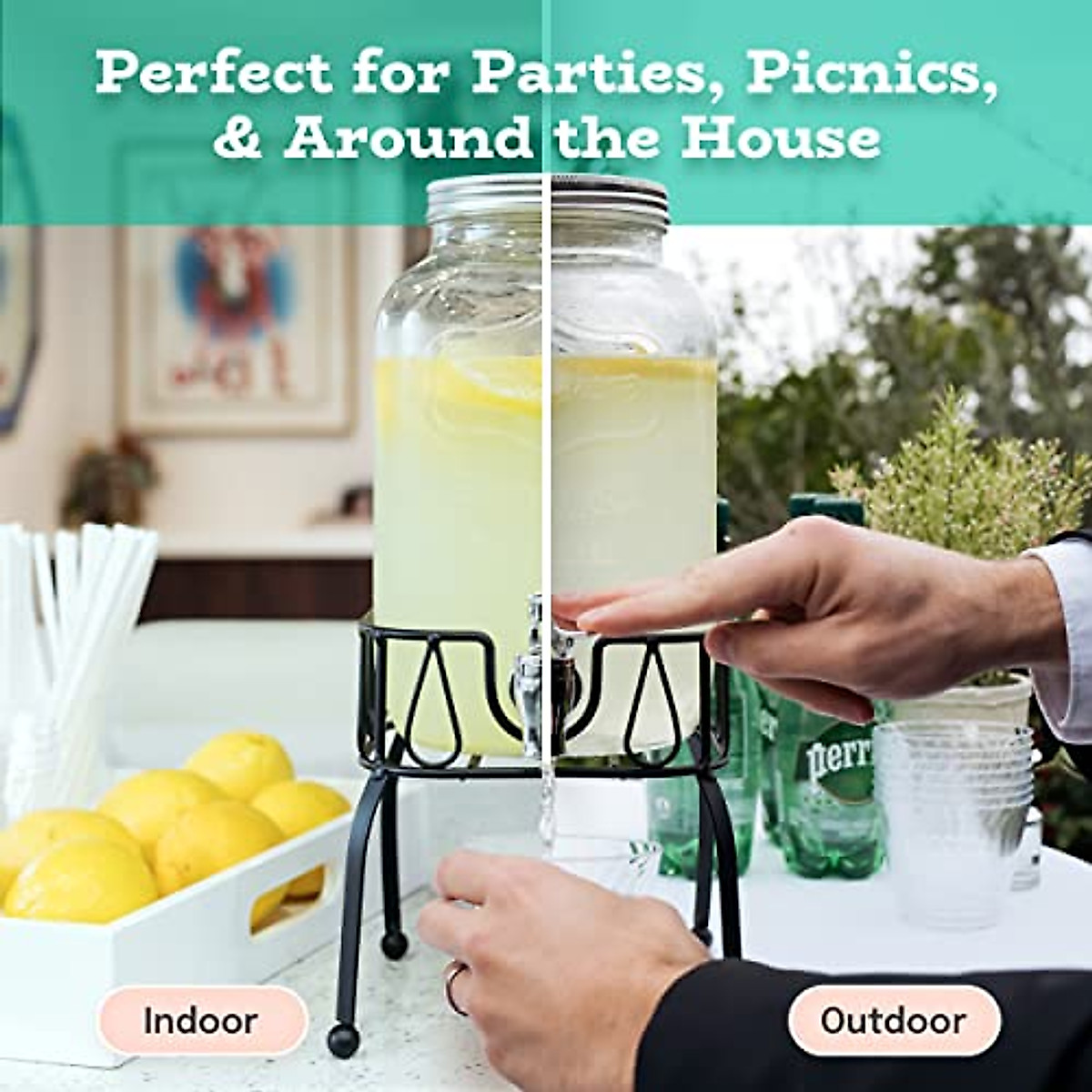 Estilo Glass Drink Dispenser w/Stand for Parties - 1 Gallon Glass Jar Beverage Dispenser w/Stand - Glass Water Dispenser Countertop for Weddings, Sun Tea Jar, Laundry Detergent & Lemonade Dispenser