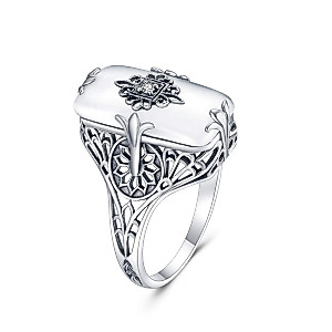 SZJINAO 925 Silver Rings for Women White Frosted Gemstone Natural Black Agate Onyx Vintage Engagement Ring Jewelry Mom Gift