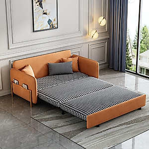 53.5" Full Sleeper Sofa Orange Upholstered Convertible Sofa Bed 3 in 1 Sleeper Sofa Couch Bed, Small Tufted Velvet Convertible Loveseat Futon Sofa w/Pullout Bed, Multi-Pockets for Living Room